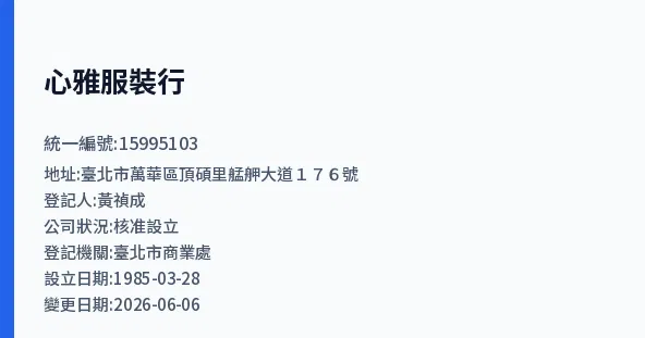 心雅服裝行的照片-統編 15995103(臺北市) 公司登記資料與營業項目詳細圖表