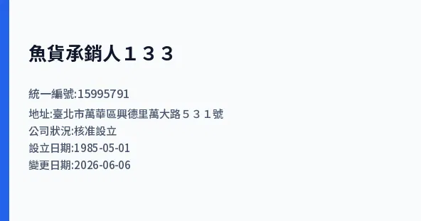 魚貨承銷人133的照片-統編 15995791(臺北市) 公司登記資料與營業項目詳細圖表