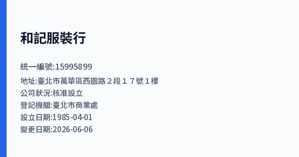 和記服裝行的照片-統編 15995899(臺北市) 公司登記資料與營業項目詳細圖表