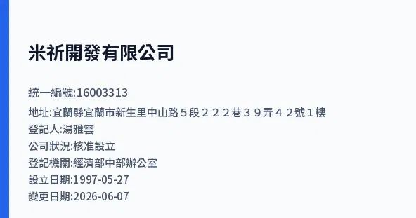 米祈開發有限公司的照片-統編 16003313(宜蘭縣) 公司登記資料與營業項目詳細圖表