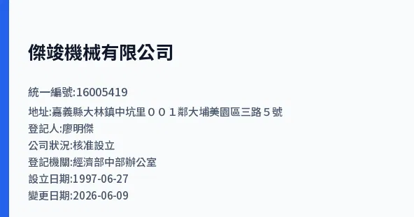 傑竣機械有限公司的照片-統編 16005419(嘉義縣) 公司登記資料與營業項目詳細圖表