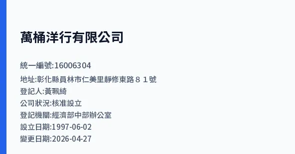 萬桶洋行有限公司的照片-統編 16006304(彰化縣) 公司登記資料與營業項目詳細圖表