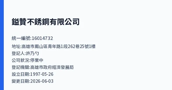 鎰贊不銹鋼有限公司的照片-統編 16014732(高雄市) 公司登記資料與營業項目詳細圖表
