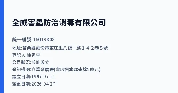 全威害蟲防治消毒有限公司的照片-統編 16019808(苗栗縣) 公司登記資料與營業項目詳細圖表