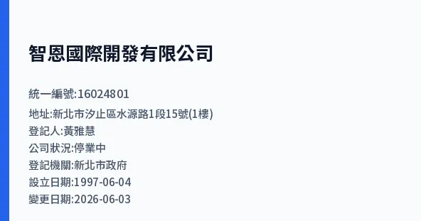 智恩國際開發有限公司的照片-統編 16024801(新北市) 公司登記資料與營業項目詳細圖表