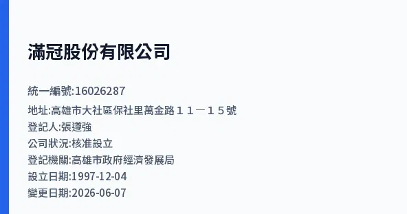 滿冠股份有限公司的照片-統編 16026287(高雄市) 公司登記資料與營業項目詳細圖表
