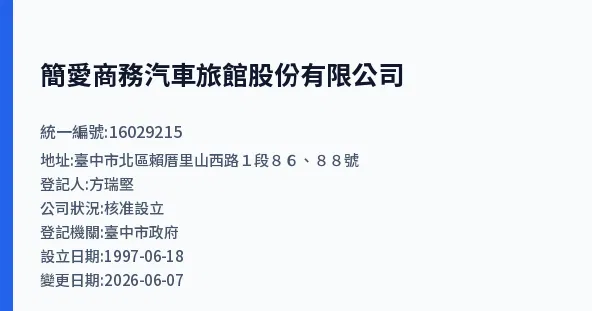 簡愛商務汽車旅館股份有限公司的照片-統編 16029215(臺中市) 公司登記資料與營業項目詳細圖表