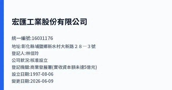 宏匯工業股份有限公司的照片-統編 16031176(彰化縣) 公司登記資料與營業項目詳細圖表