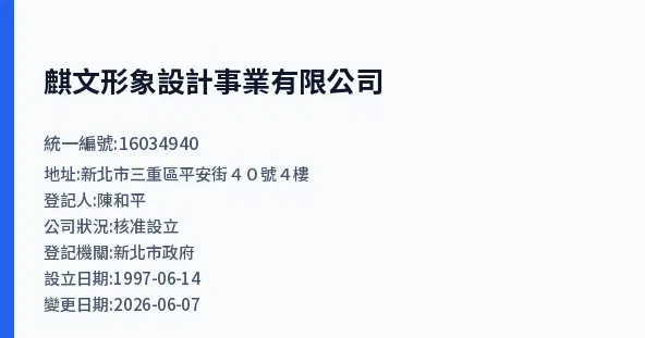 麒文形象設計事業有限公司的照片-統編 16034940(新北市) 公司登記資料與營業項目詳細圖表