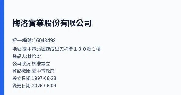 梅洛實業股份有限公司的照片-統編 16043498(臺中市) 公司登記資料與營業項目詳細圖表