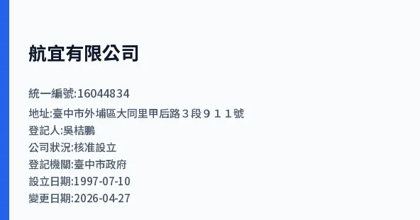 航宜有限公司的照片-統編 16044834(臺中市) 公司登記資料與營業項目詳細圖表