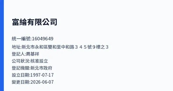 富綸有限公司的照片-統編 16049649(新北市) 公司登記資料與營業項目詳細圖表