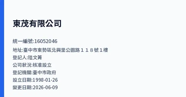 東茂有限公司的照片-統編 16052046(臺中市) 公司登記資料與營業項目詳細圖表