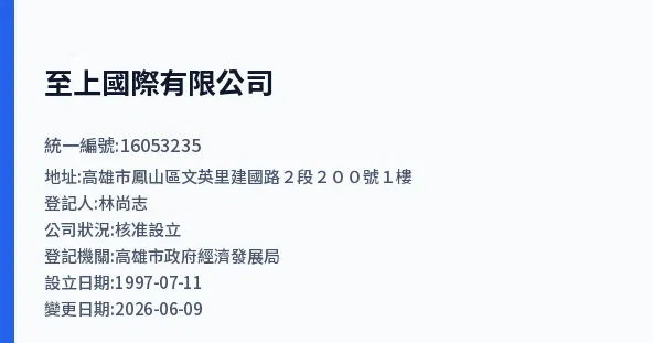 至上國際有限公司的照片-統編 16053235(高雄市) 公司登記資料與營業項目詳細圖表