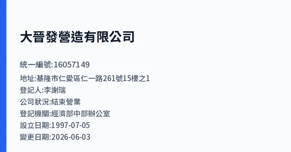 大晉發營造有限公司的照片-統編 16057149(基隆市) 公司登記資料與營業項目詳細圖表