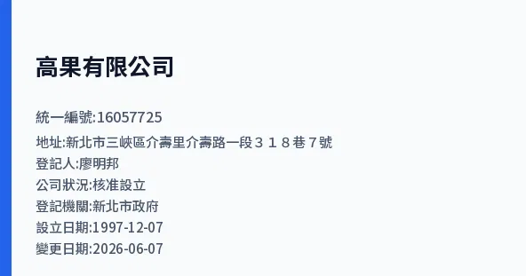 高果有限公司的照片-統編 16057725(新北市) 公司登記資料與營業項目詳細圖表