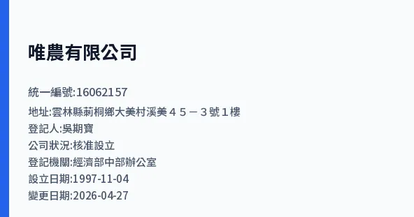 唯農有限公司的照片-統編 16062157(雲林縣) 公司登記資料與營業項目詳細圖表