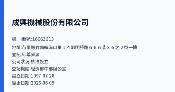 成興機械股份有限公司的照片-統編 16063613(苗栗縣) 公司登記資料與營業項目詳細圖表