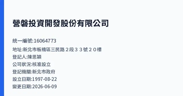 營磐投資開發股份有限公司的照片-統編 16064773(新北市) 公司登記資料與營業項目詳細圖表