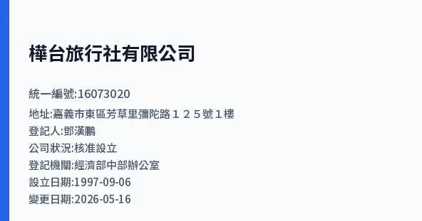 樺台旅行社有限公司的照片-統編 16073020(嘉義市) 公司登記資料與營業項目詳細圖表