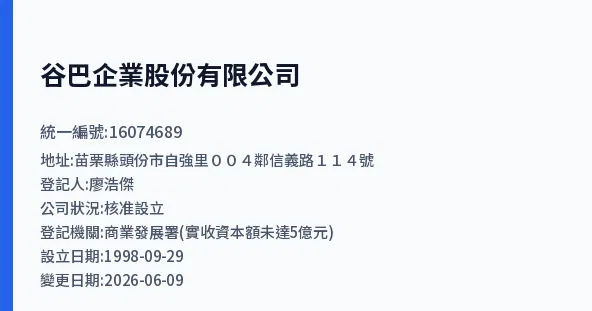 谷巴企業股份有限公司的照片-統編 16074689(苗栗縣) 公司登記資料與營業項目詳細圖表