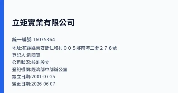 立矩實業有限公司的照片-統編 16075364(花蓮縣) 公司登記資料與營業項目詳細圖表