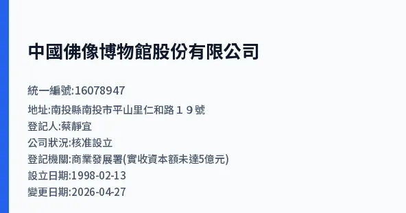 中國佛像博物館股份有限公司的照片-統編 16078947(南投縣) 公司登記資料與營業項目詳細圖表