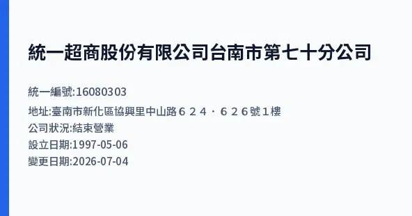 統一超商股份有限公司台南市第七十分公司的照片-統編 16080303(臺南市) 公司登記資料與營業項目詳細圖表