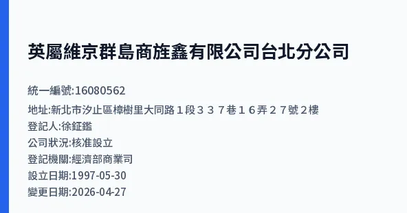 英屬維京群島商旌鑫有限公司台北分公司的照片-統編 16080562(新北市) 公司登記資料與營業項目詳細圖表