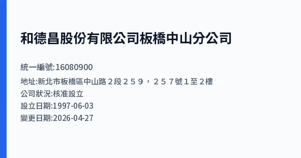 和德昌股份有限公司板橋中山分公司的照片-統編 16080900(新北市) 公司登記資料與營業項目詳細圖表
