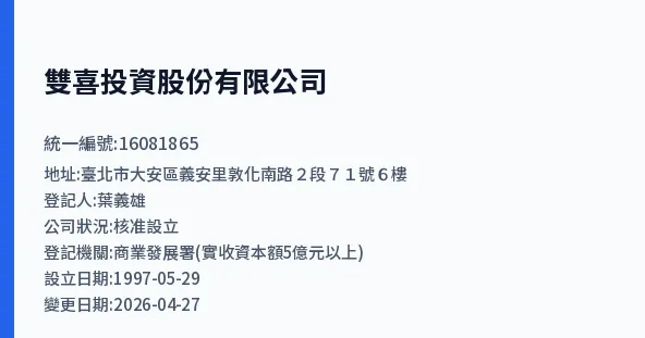 雙喜投資股份有限公司的照片-統編 16081865(臺北市) 公司登記資料與營業項目詳細圖表
