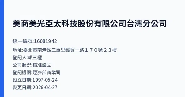 美商美光亞太科技股份有限公司台灣分公司的照片-統編 16081942(臺北市) 公司登記資料與營業項目詳細圖表