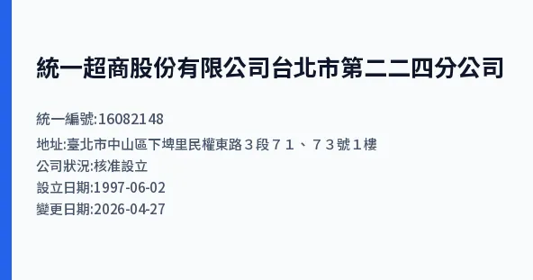 統一超商股份有限公司台北市第二二四分公司的照片-統編 16082148(臺北市) 公司登記資料與營業項目詳細圖表
