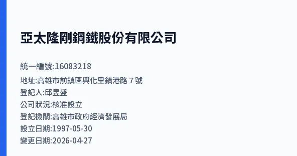 亞太隆剛鋼鐵股份有限公司的照片-統編 16083218(高雄市) 公司登記資料與營業項目詳細圖表
