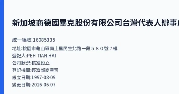新加坡商德國畢克股份有限公司台灣代表人辦事處的照片-統編 16085335(桃園市) 公司登記資料與營業項目詳細圖表