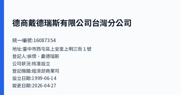 德商戴德瑞斯有限公司台灣分公司的照片-統編 16087354(臺中市) 公司登記資料與營業項目詳細圖表