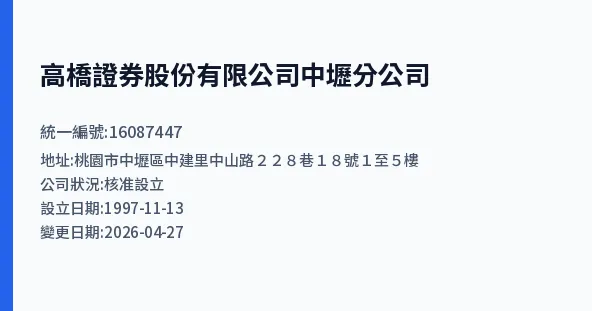 高橋證券股份有限公司中壢分公司的照片-統編 16087447(桃園市) 公司登記資料與營業項目詳細圖表