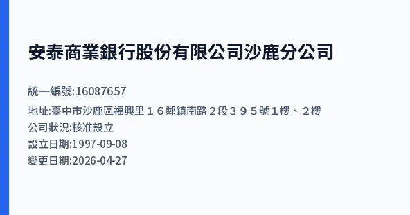 安泰商業銀行股份有限公司沙鹿分公司的照片-統編 16087657(臺中市) 公司登記資料與營業項目詳細圖表