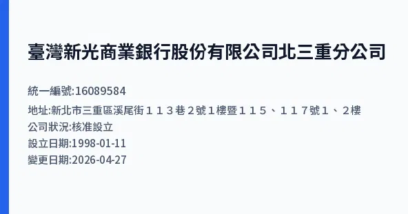 臺灣新光商業銀行股份有限公司北三重分公司的照片-統編 16089584(新北市) 公司登記資料與營業項目詳細圖表