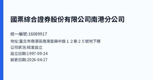 國票綜合證券股份有限公司南港分公司的照片-統編 16089917(臺北市) 公司登記資料與營業項目詳細圖表