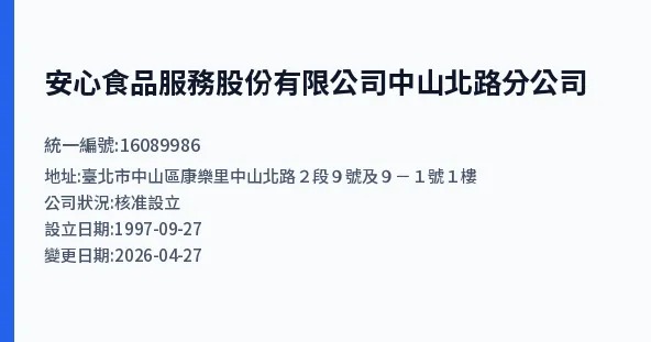 安心食品服務股份有限公司中山北路分公司的照片-統編 16089986(臺北市) 公司登記資料與營業項目詳細圖表