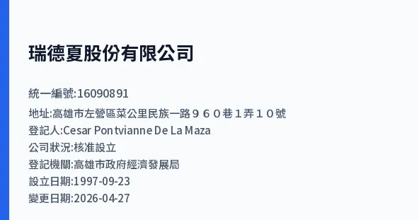 瑞德夏股份有限公司的照片-統編 16090891(高雄市) 公司登記資料與營業項目詳細圖表