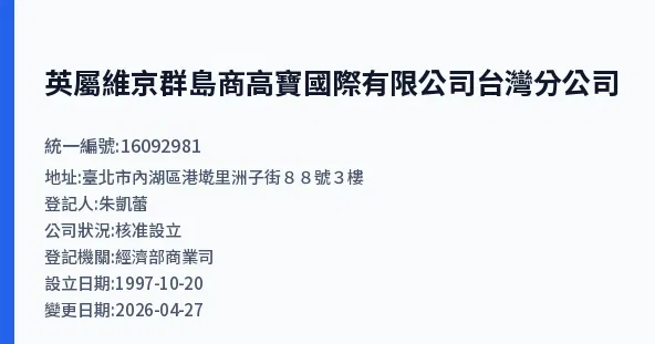 英屬維京群島商高寶國際有限公司台灣分公司的照片-統編 16092981(臺北市) 公司登記資料與營業項目詳細圖表