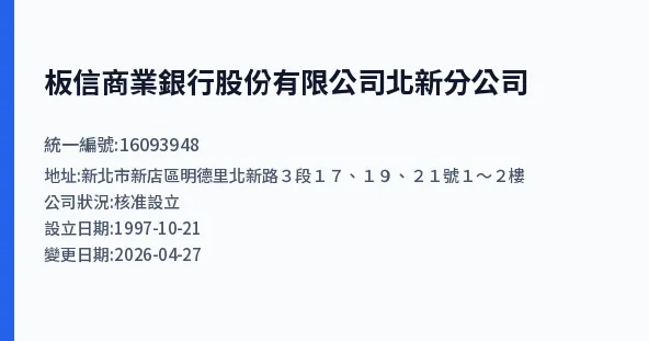 板信商業銀行股份有限公司北新分公司的照片-統編 16093948(新北市) 公司登記資料與營業項目詳細圖表