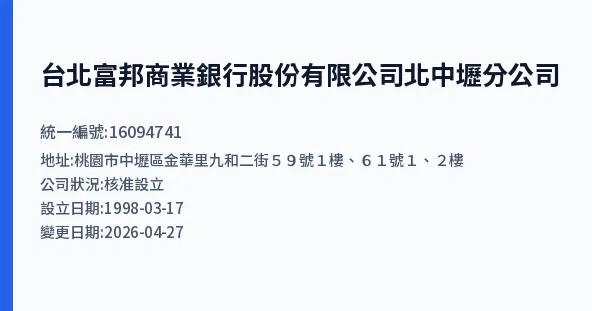 台北富邦商業銀行股份有限公司北中壢分公司的照片-統編 16094741(桃園市) 公司登記資料與營業項目詳細圖表