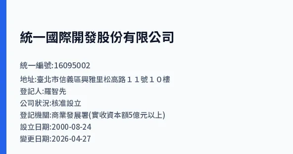 統一國際開發股份有限公司的照片-統編 16095002(臺北市) 公司登記資料與營業項目詳細圖表