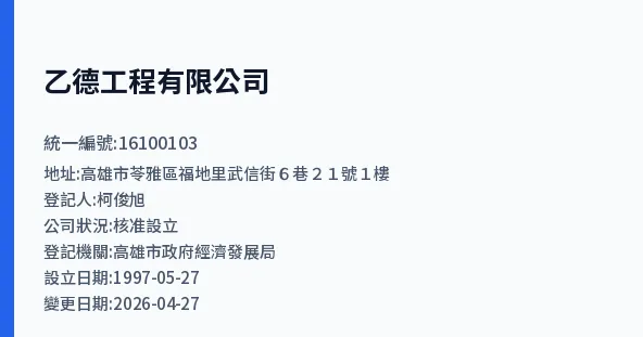 乙德工程有限公司的照片-統編 16100103(高雄市) 公司登記資料與營業項目詳細圖表