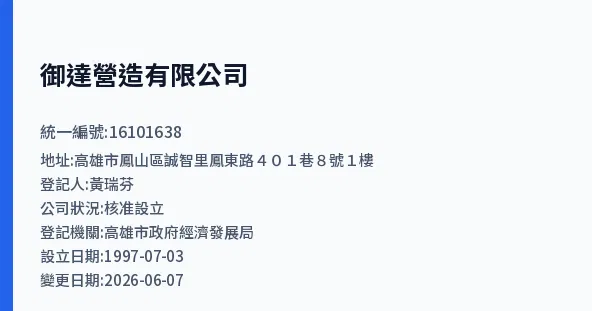 御達營造有限公司的照片-統編 16101638(高雄市) 公司登記資料與營業項目詳細圖表