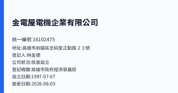 金電屋電機企業有限公司的照片-統編 16102475(高雄市) 公司登記資料與營業項目詳細圖表