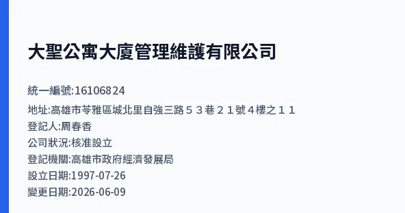 大聖公寓大廈管理維護有限公司的照片-統編 16106824(高雄市) 公司登記資料與營業項目詳細圖表